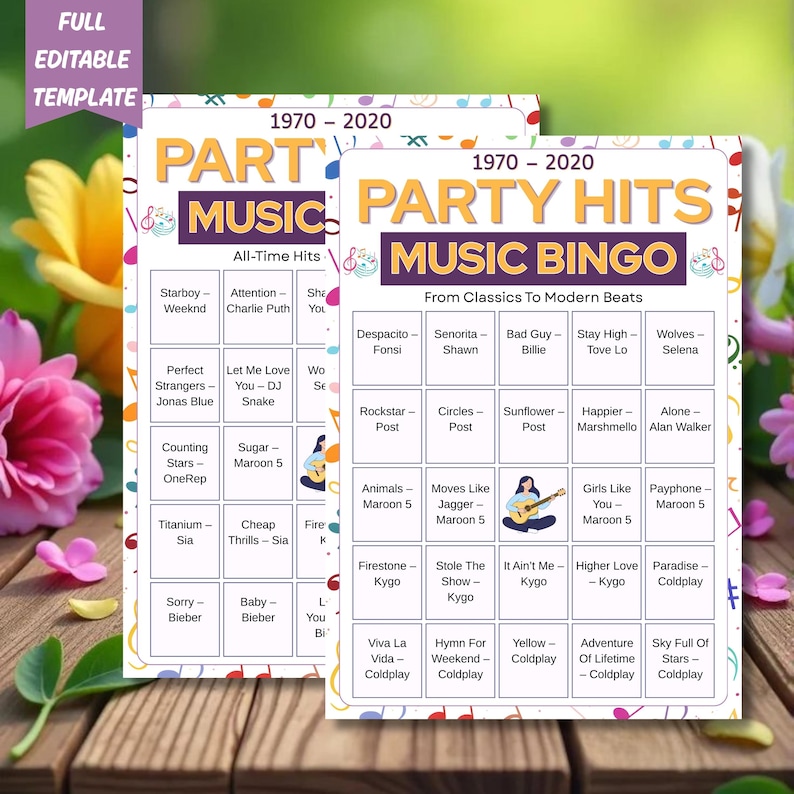 Editable Music Bingo Game Canva Template, Party Hits Bingo Cards With ...