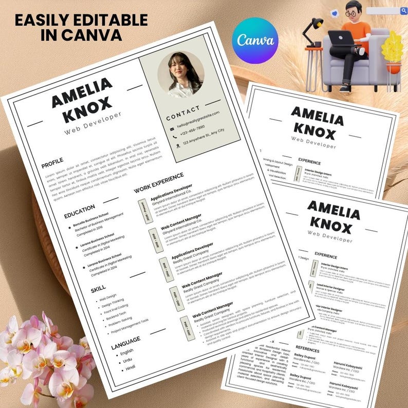 Editable Canva Resume Template | 2 Page Modern ATS Friendly CV for Job ...
