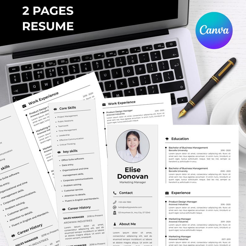 Minimalist Resume Template Canva: Modern 2 Page CV ATS Friendly ...