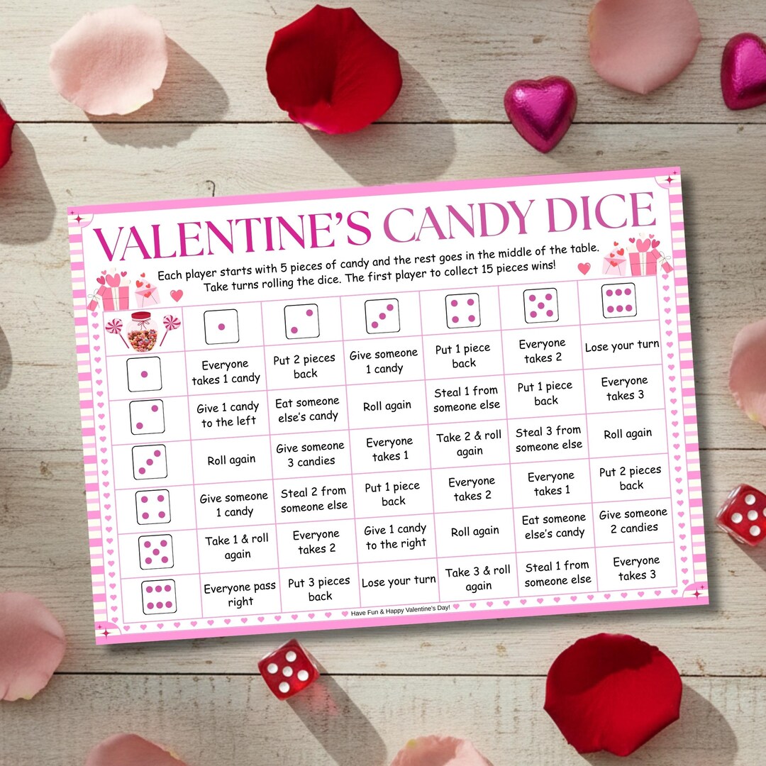 Valentine's Day Candy Dice Game, Kids & Family Printable (PDF Digital ...