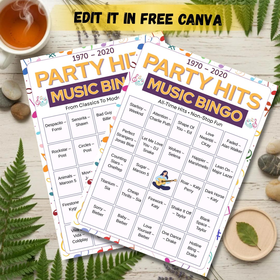 Editable Music Bingo Game Canva Template, Party Hits Bingo Cards With ...