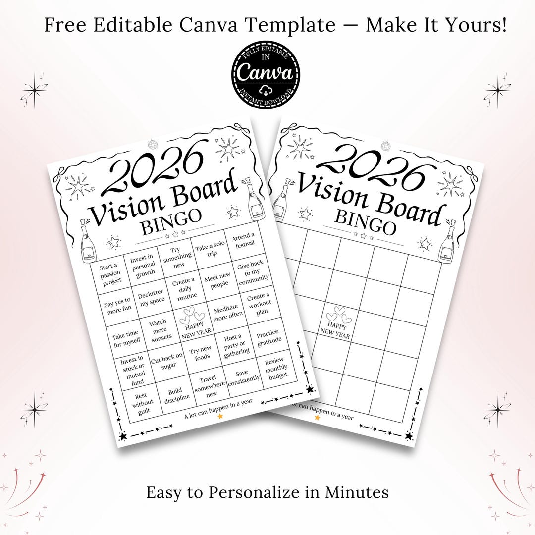 2026 Vision Board Bingo Canva Template, Printable New Year Goals Bingo ...