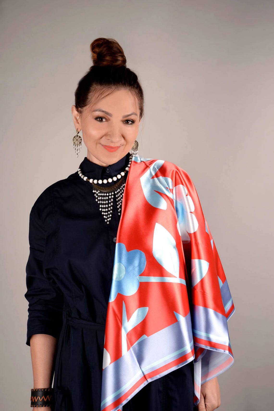 Floral Bold Satin Scarf, Glossy Headscarf, Women's Fashion Accessory ...