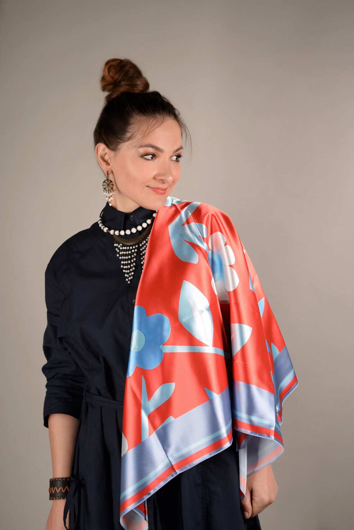 Floral Bold Satin Scarf, Glossy Headscarf, Women's Fashion Accessory ...