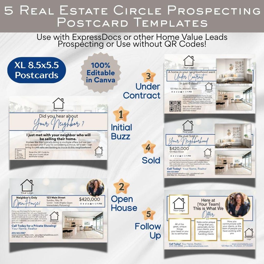 5 Real Estate Circle Prospecting Postcard Templates | QR Code Options ...