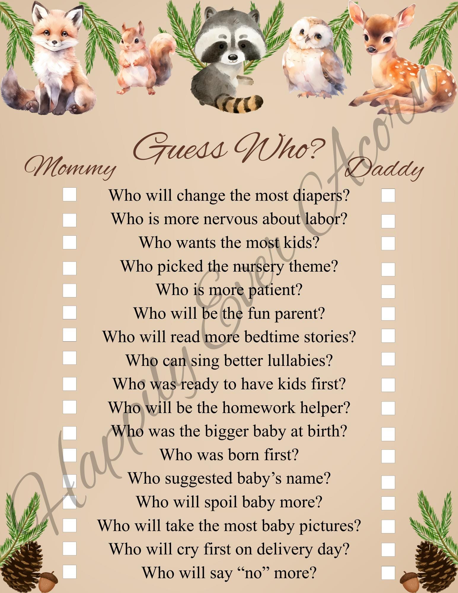 Baby Shower Game - Digital Download - Woodland Animals - Guess Who? - Etsy