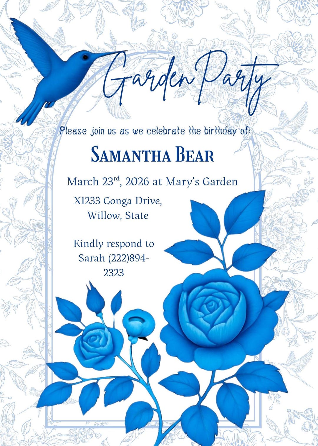 Blue Garden Party Invitation Template - Etsy