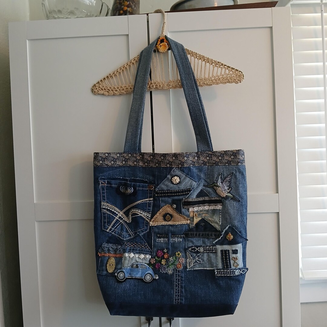 Large Repurposed Denim Bag With Village House Patterns Handstiched by ...