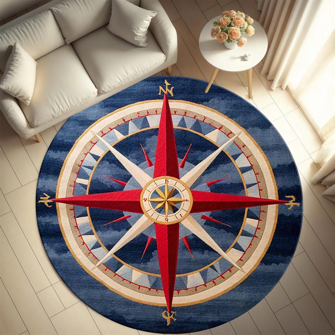 Compass Rose Round Rug: Nautical Chart Print, Soft Bamboo Blend - Etsy