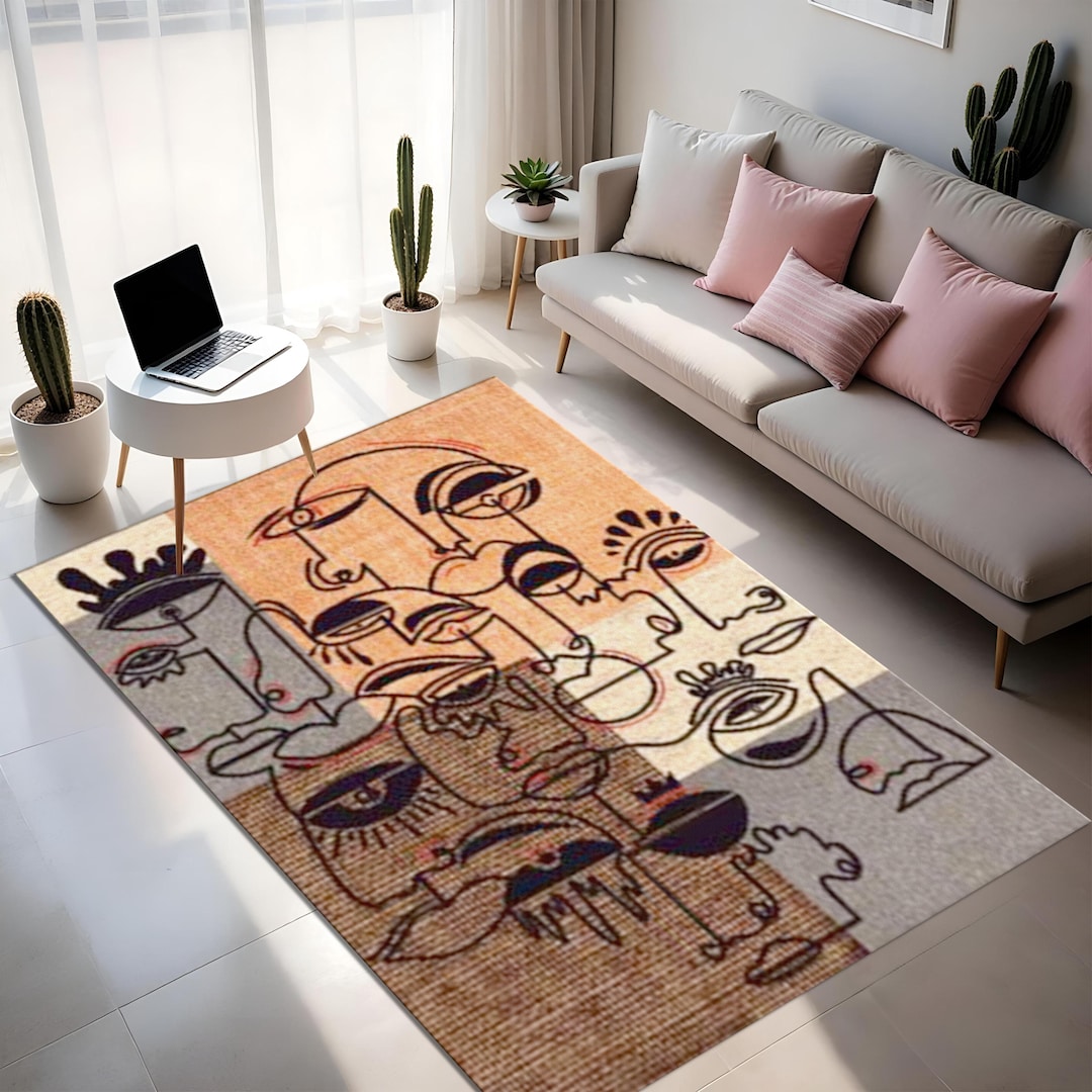 Abstract Line Art Face Carpet - Modern Digital Print Boho Minimalist ...