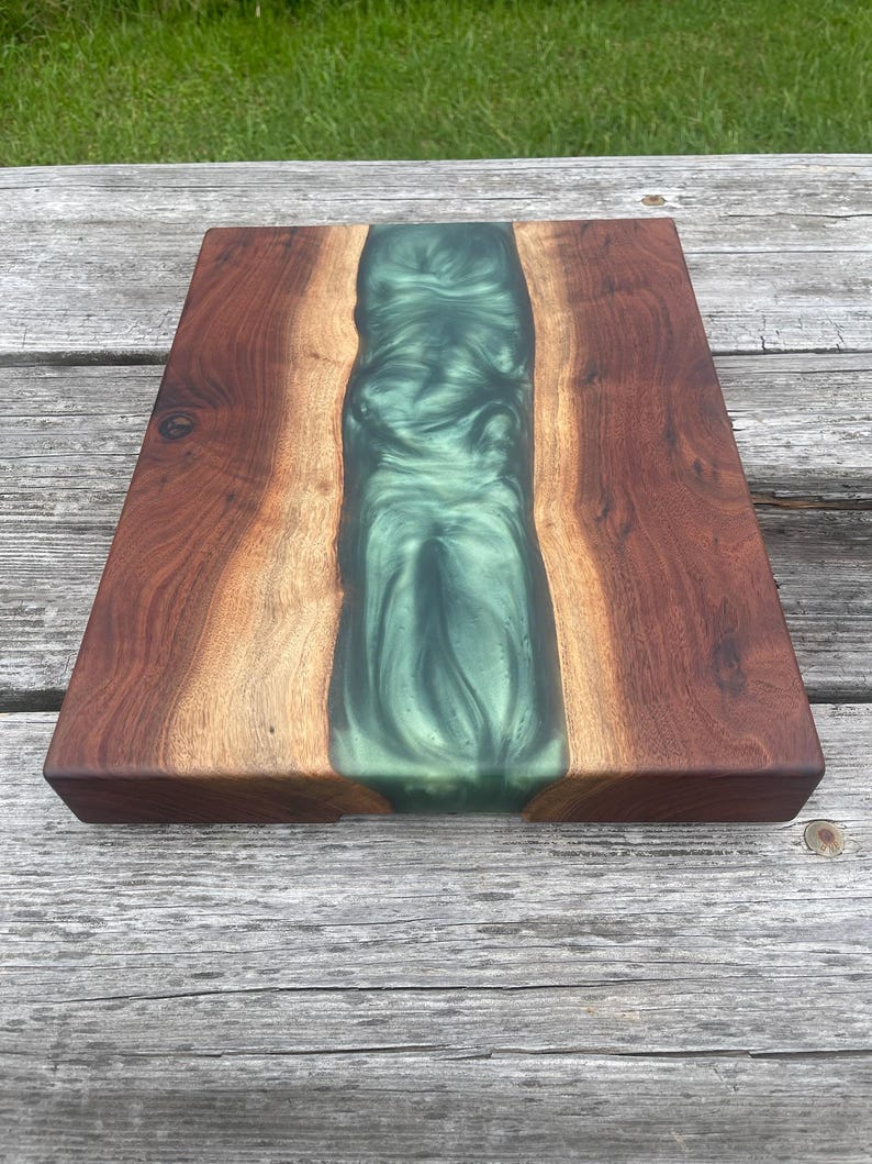 Live Edge Walnut Butcher Block | Forest Green Ecopoxy Cutting Board - Etsy