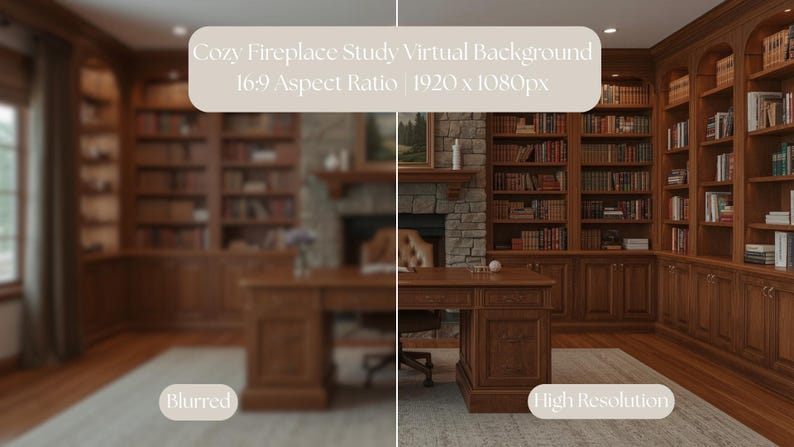 Cozy Cabin Study Virtual Background, Professional Library (digital ...