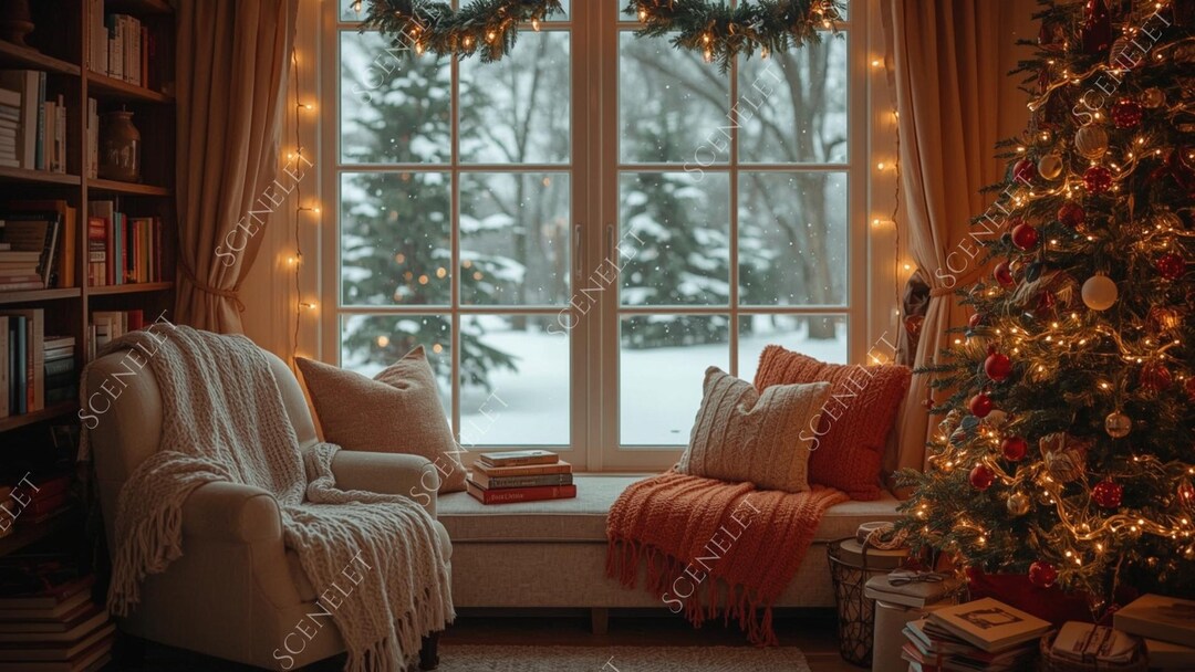Cozy Winter Christmas Window Zoom Background Realistic Holiday Home ...