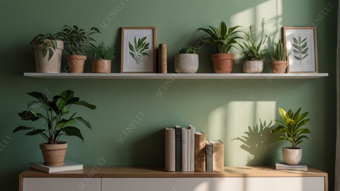 Neutral Sage Green Zoom Background With Plants & Bookshelf Virtual ...