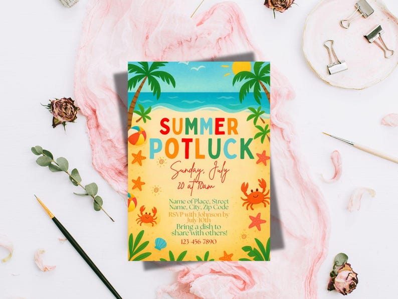 Editable Summer Potluck Invitation: Canva Template (5x7 Inches, PDF ...