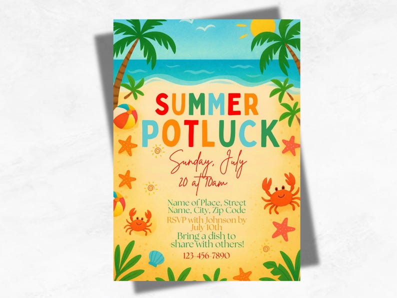 Editable Summer Potluck Invitation: Canva Template (5x7 Inches, PDF ...