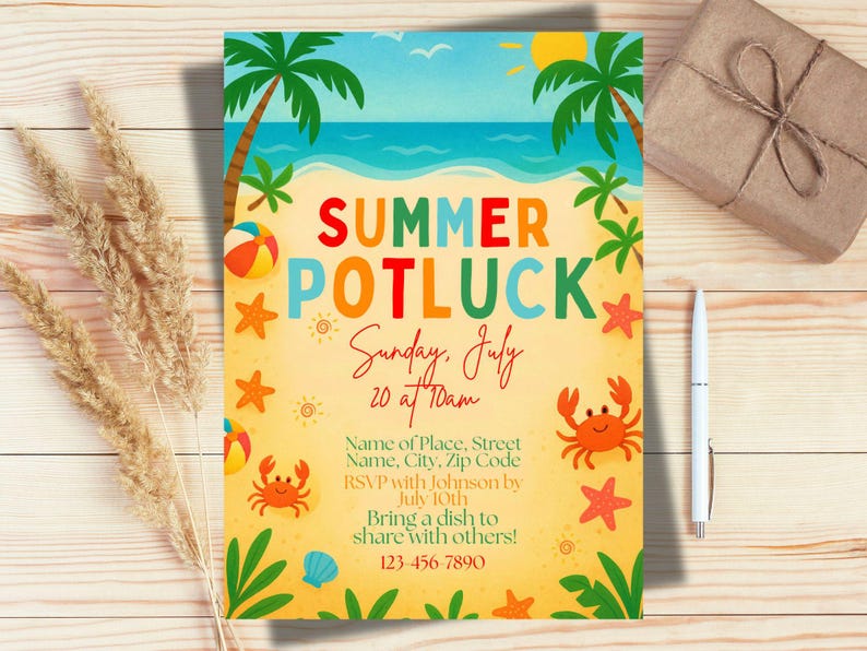 Editable Summer Potluck Invitation: Canva Template (5x7 Inches, PDF ...
