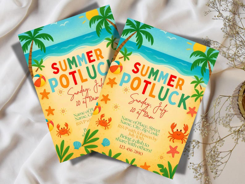 Editable Summer Potluck Invitation: Canva Template (5x7 Inches, PDF ...
