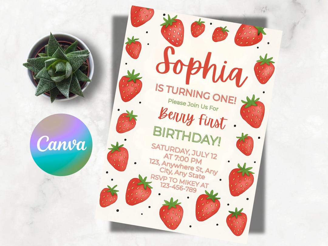 Strawberry Birthday Invitation Template: Red Berry Party Invite (5x7 ...