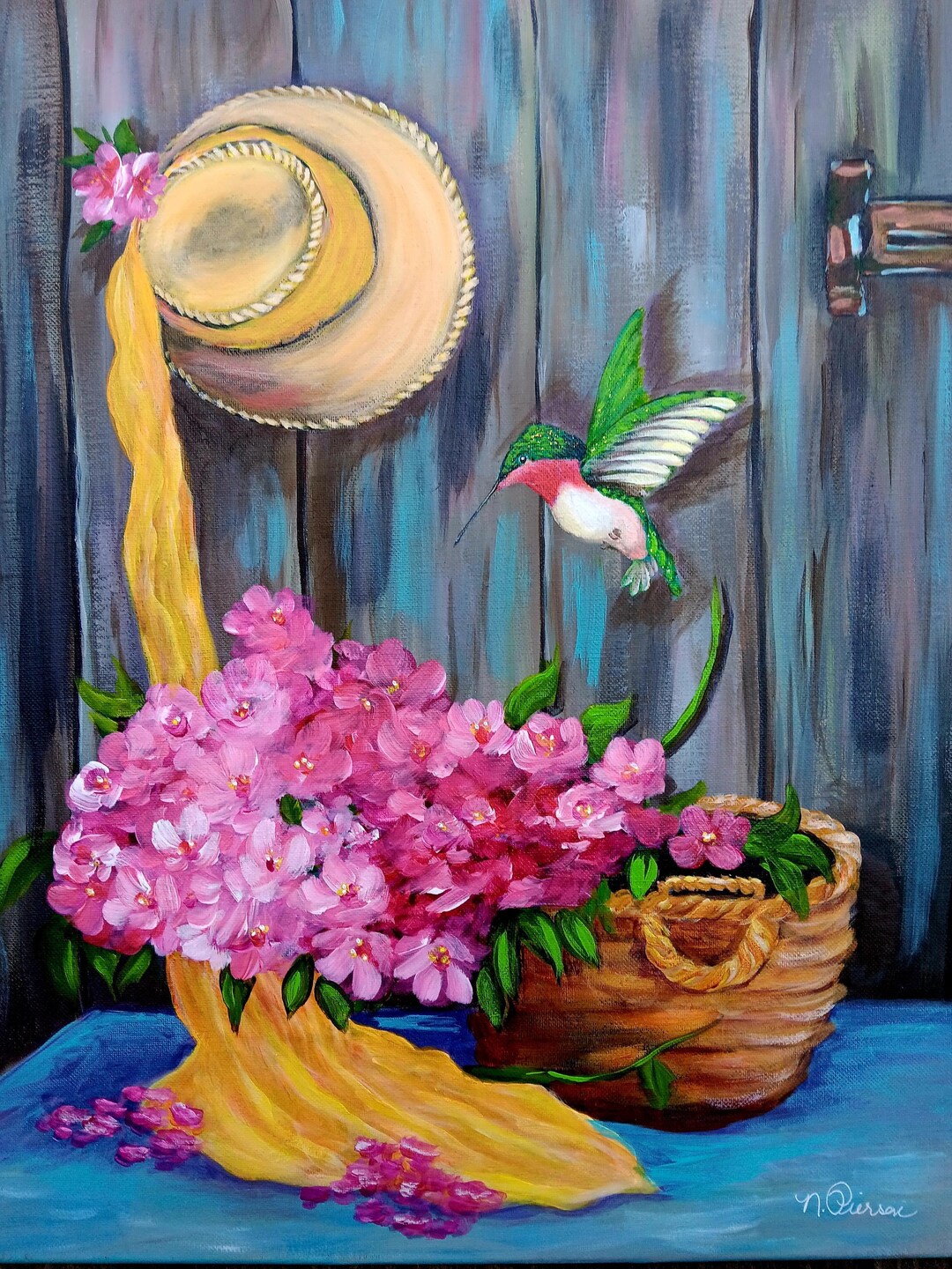 Hummingbird Acrylic Painting | Straw Hat, Floral Garden Scene, 16x20 ...