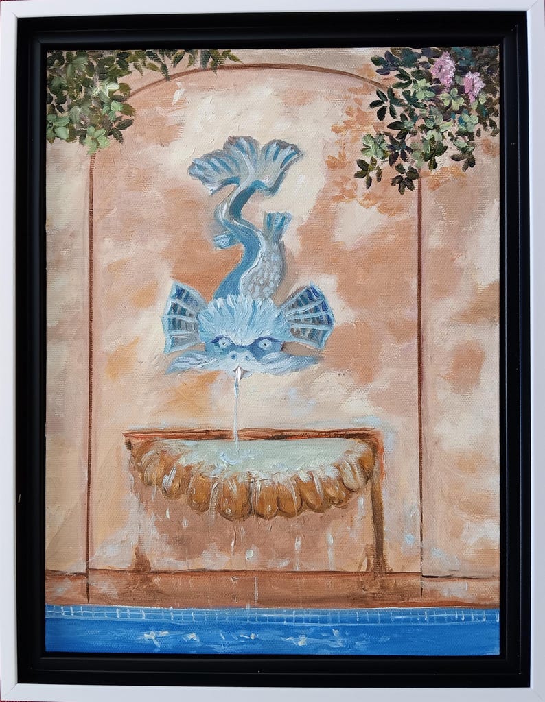PLEIN AIR PAINTING of the Dragon Fish Fountain at Marston House 9x12 ...