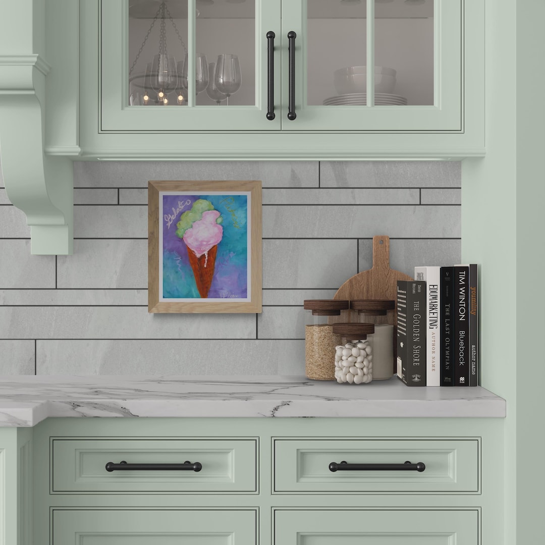 Gelato Cone Oil Painting, Pistachio & Rose Gelato Kitchen Art 8x10 Gift ...