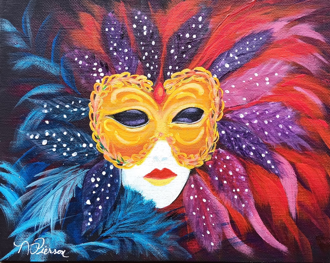 8x10 Mardi Gras Mask Painting, Colorful Art, Whimsical Acrylic Feathery ...