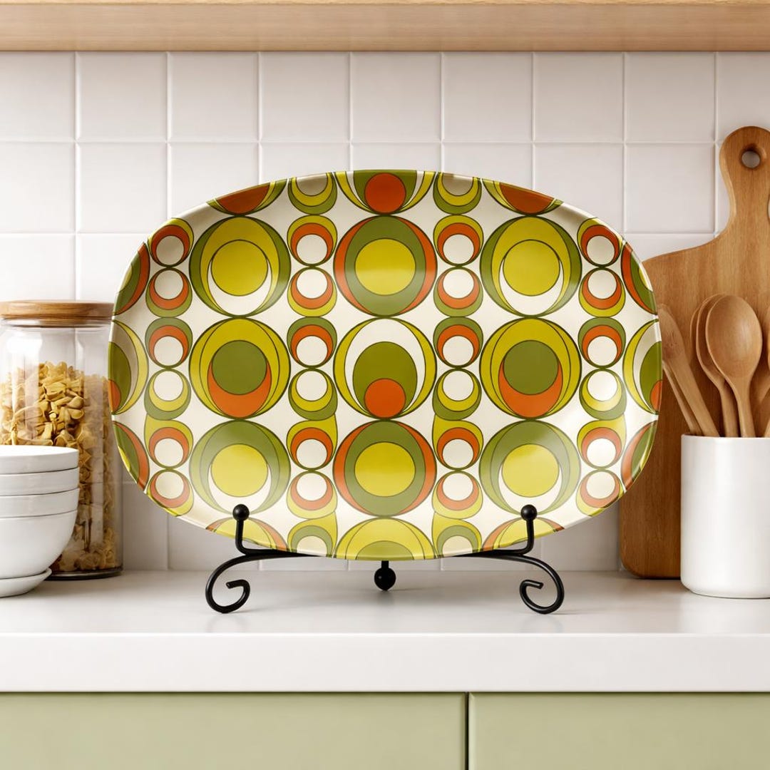 Retro Green Geometric Serving Platter, 70s Mod Style Tray, Avocado ...