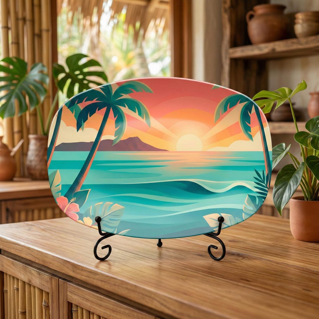 Hawaii Sunset Serving Plate: Diamond Head Palm Tree Oval Platter for ...