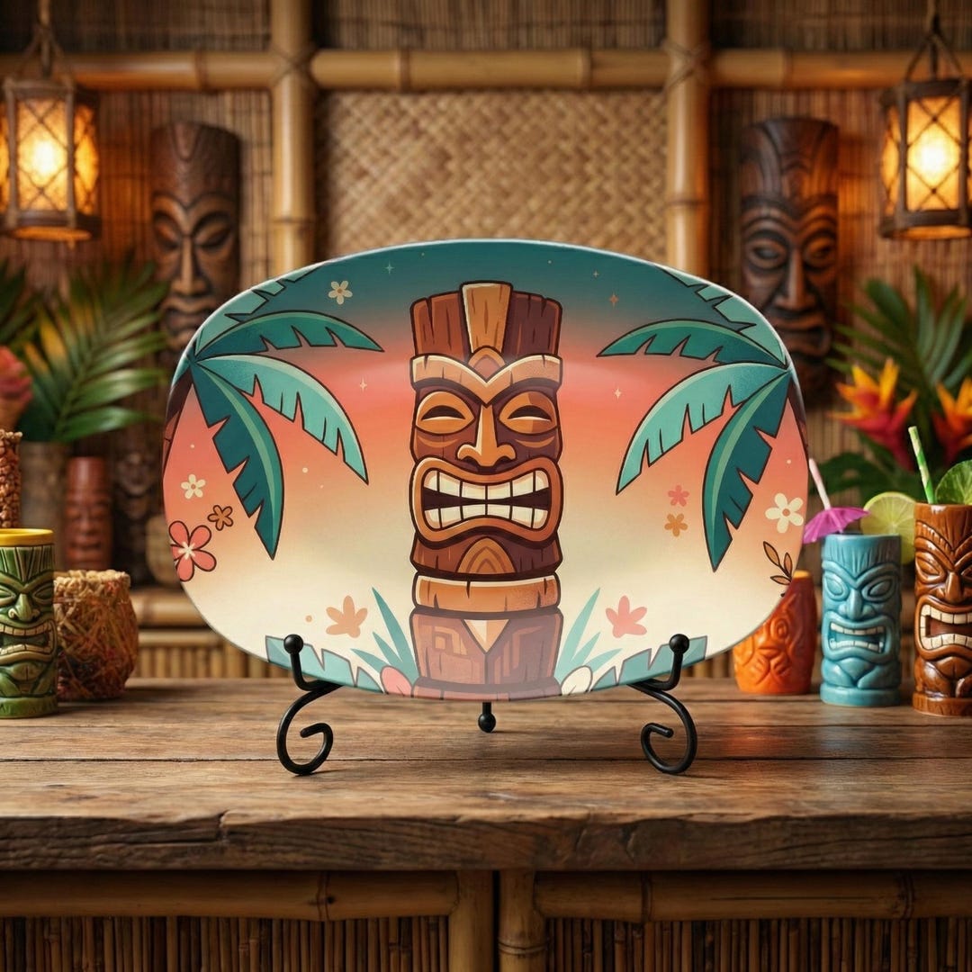 Tiki Idol Serving Plate: Polynesian Totem Oval Platter for Retro Tiki ...