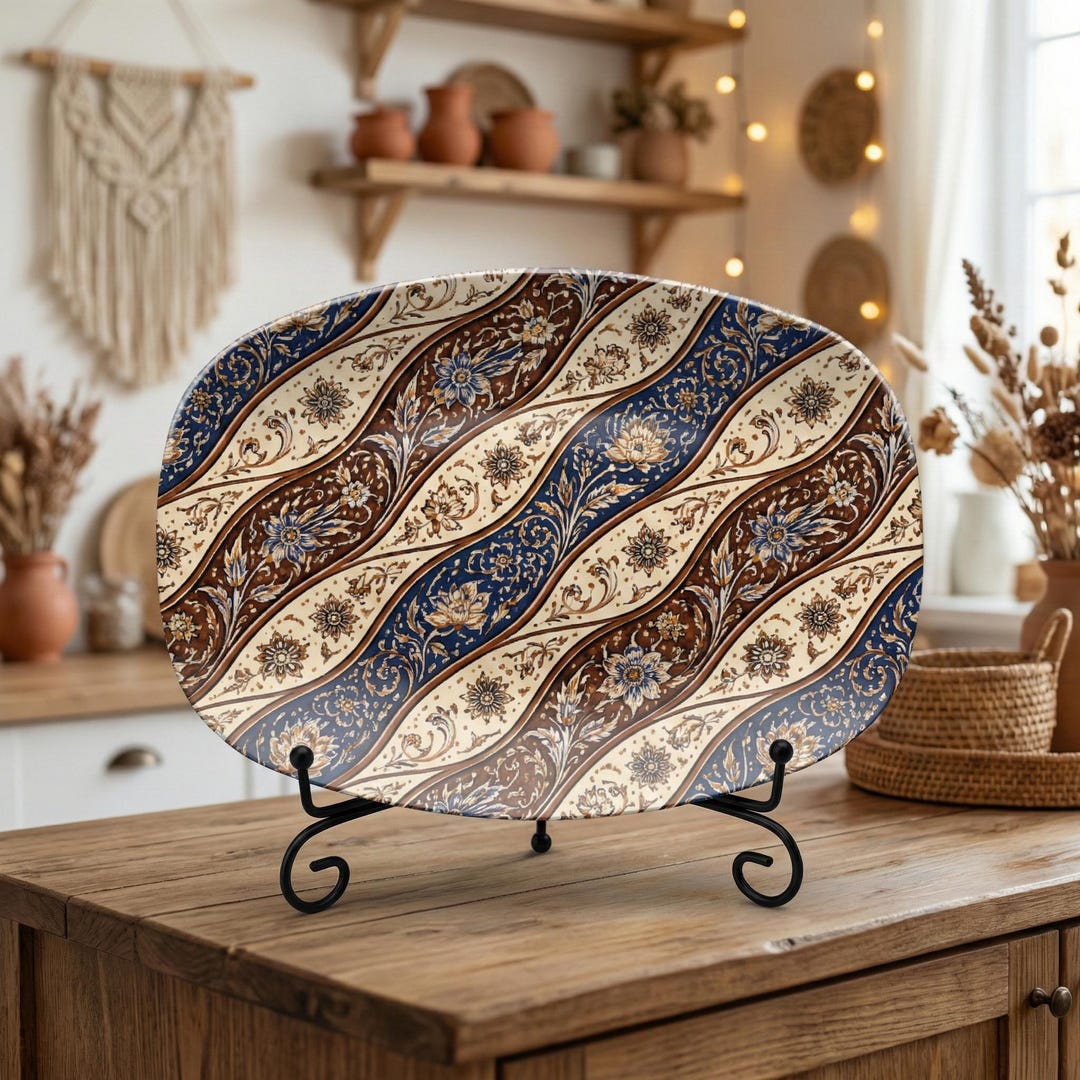 Batik Floral Serving Plate: Indonesian Wave Oval Platter for Bohemian ...