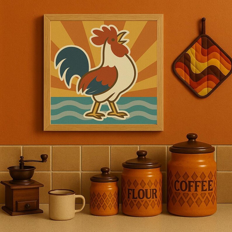 Retro Boho 70s Rooster Art Print – Groovy Mid Century Modern Bohemian ...