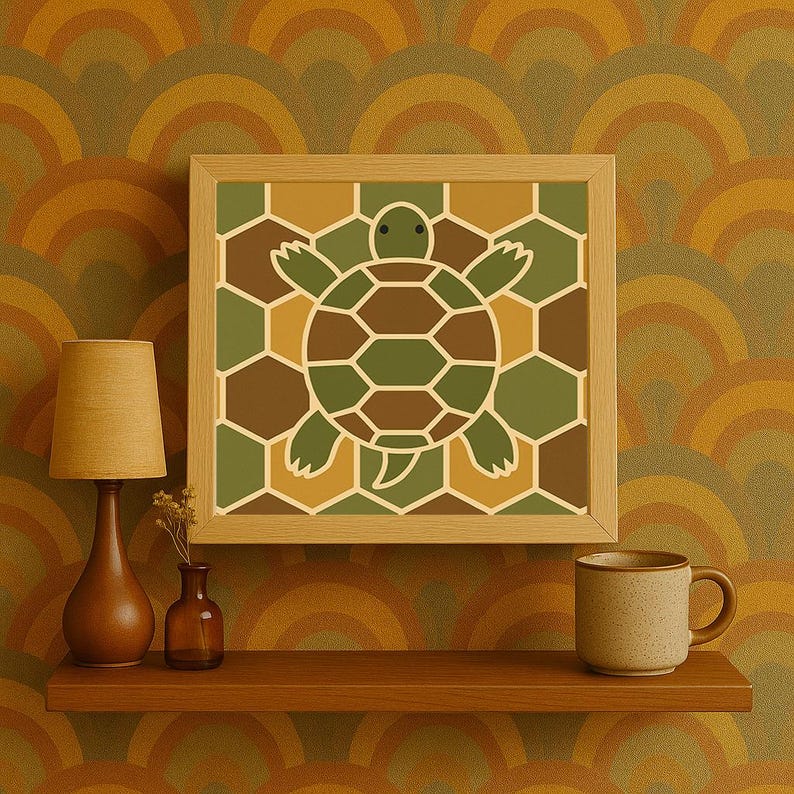 Retro Boho 70s Tortoise Art Print – Groovy Mid Century Modern Bohemian ...