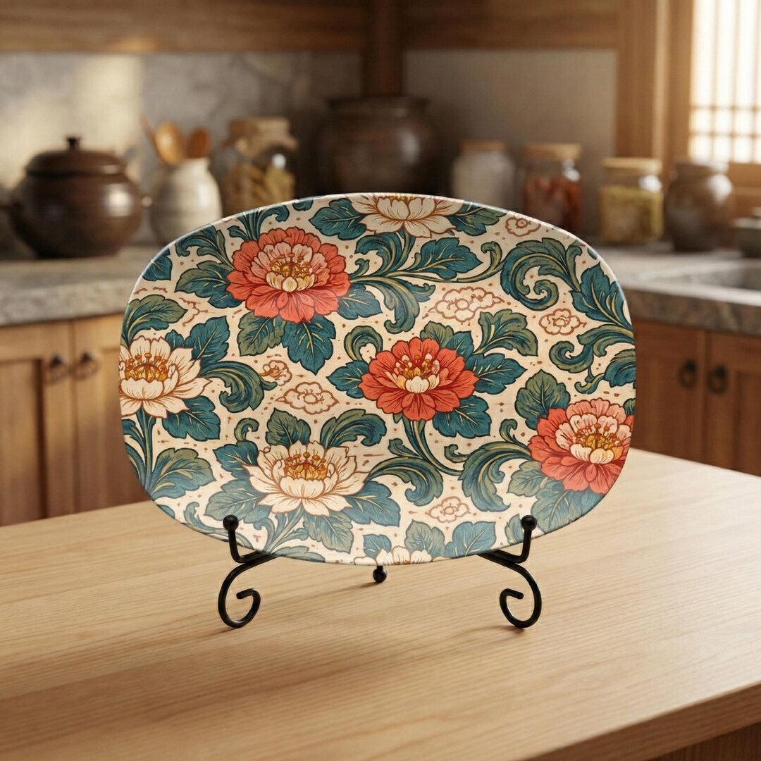 Korean Moran Serving Plate: Vintage Peony Floral Oval Platter for Asian ...