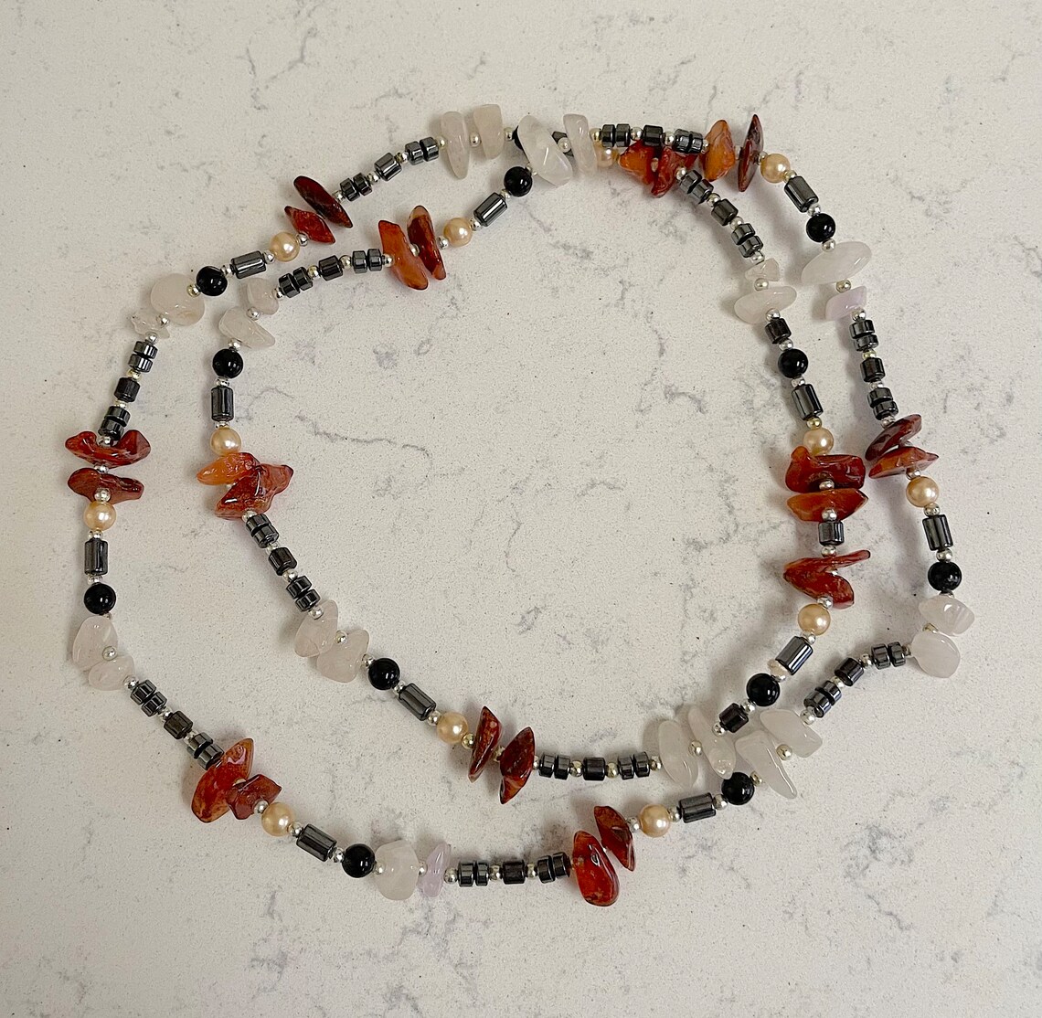 Vintage 36 Inch Rope Necklace of Black Onyx, Carnelian Chips, Cultured ...