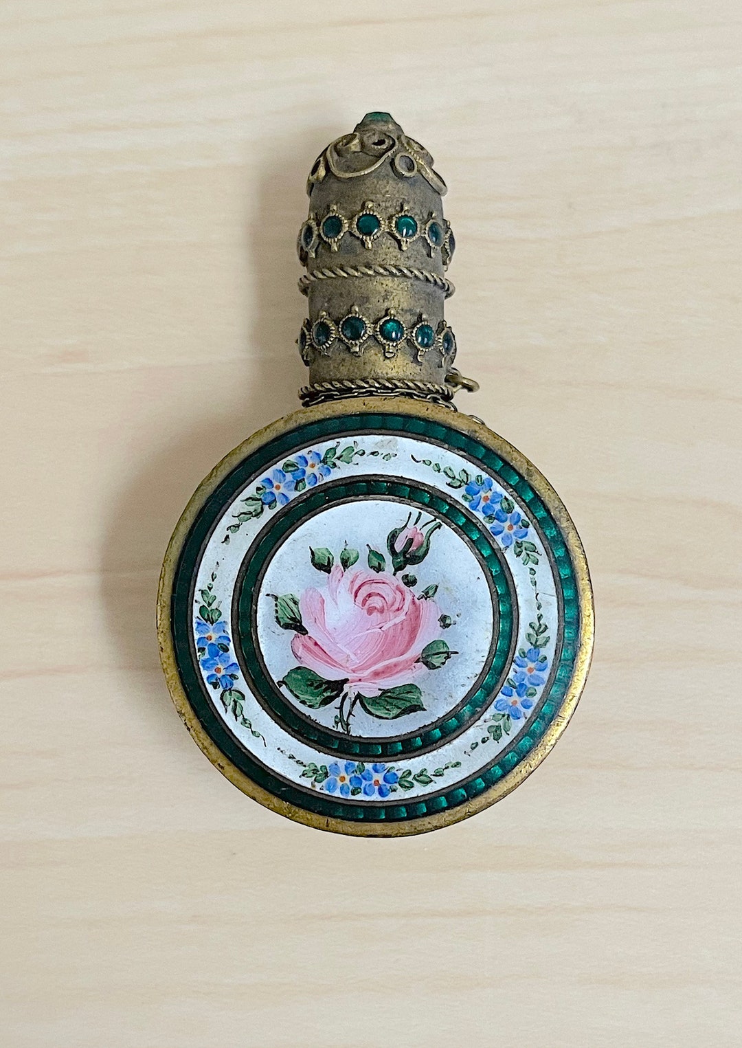 Antique Brass and Enamel Perfume Flask With Green Stones on - Etsy