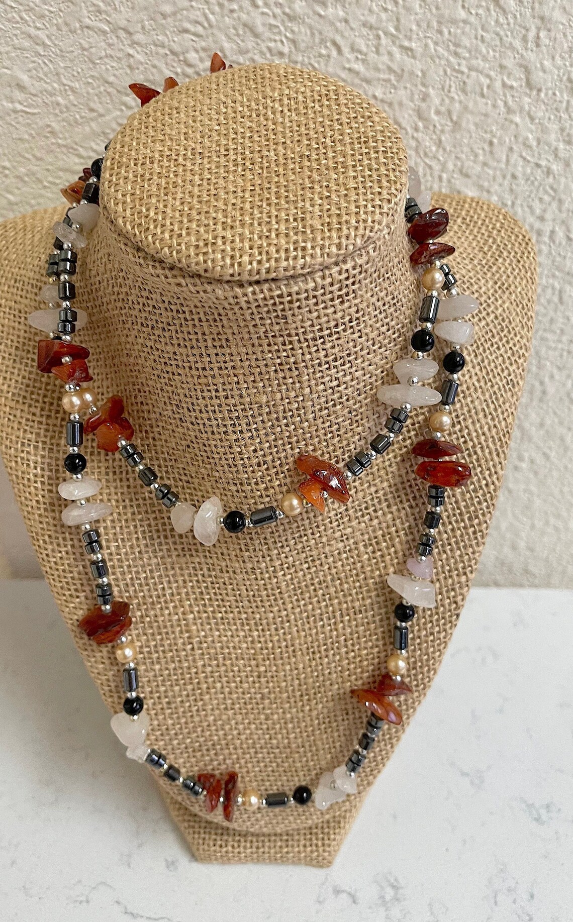 Vintage 36 Inch Rope Necklace of Black Onyx, Carnelian Chips, Cultured ...