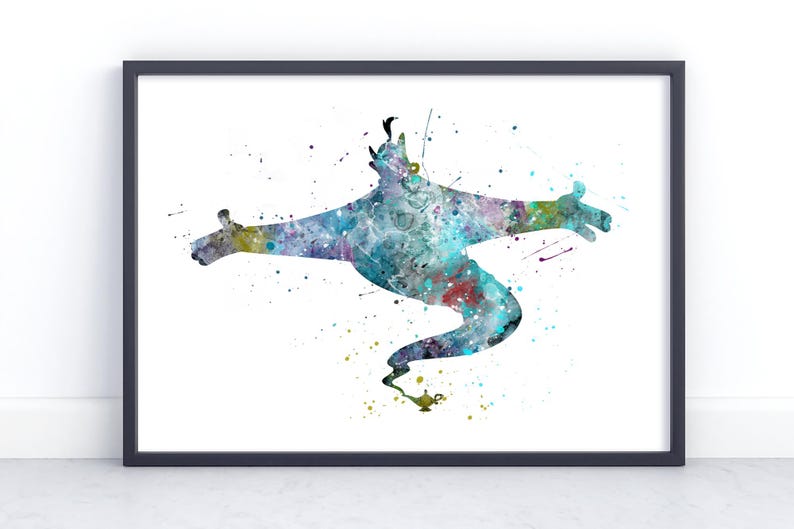 Genie Watercolor Print – Magic Lamp Wall Art, Whimsical Blue Spirit ...