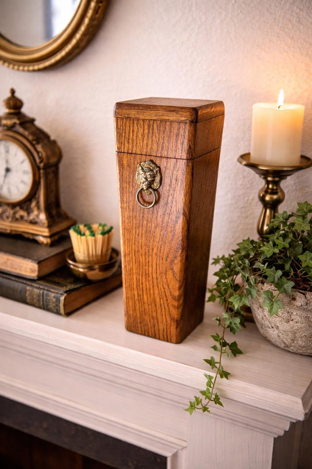 Vintage Oak Match Box With Lion Head Pull | Tall Wooden Mantel Match ...