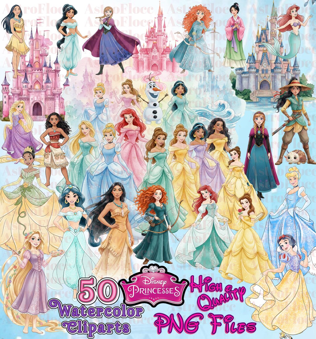 Princess Watercolor Bundle, Princesses PNG Cartoon Sublimation Clipart ...