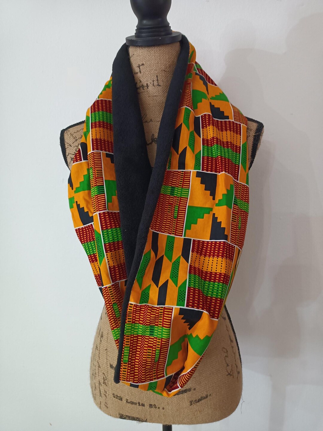 Infinity Round Scarf, African Kent Print Neck Gaiter, Fleece-lined Wrap ...