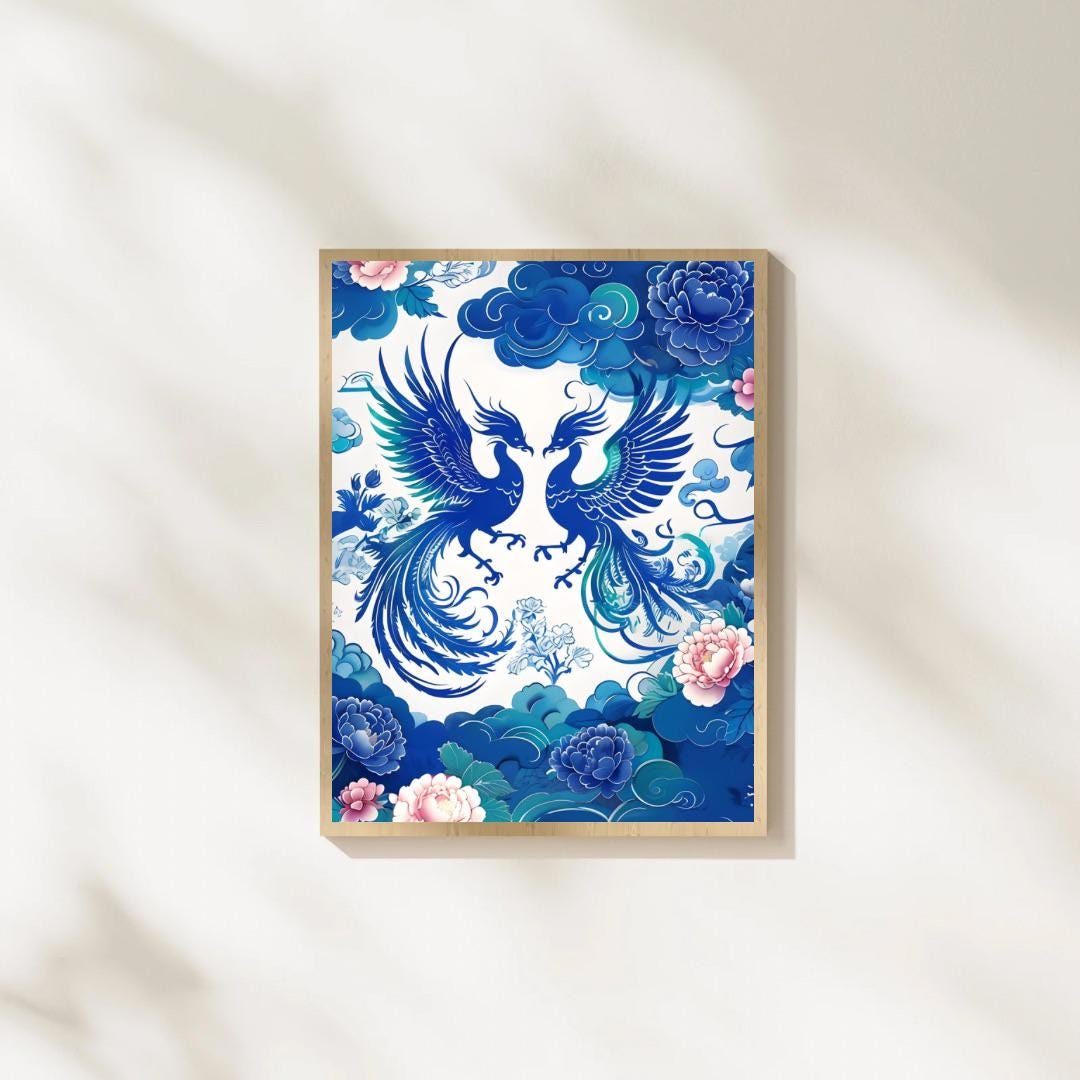 Blue Phoenix Wall Art, Oriental Nature Print, Feng Shui Phoenix Wall ...