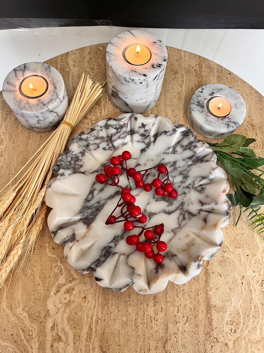 Calacatta Marble Ruffle Bowl, Wavy Stone Decorative Tray, Handmade ...