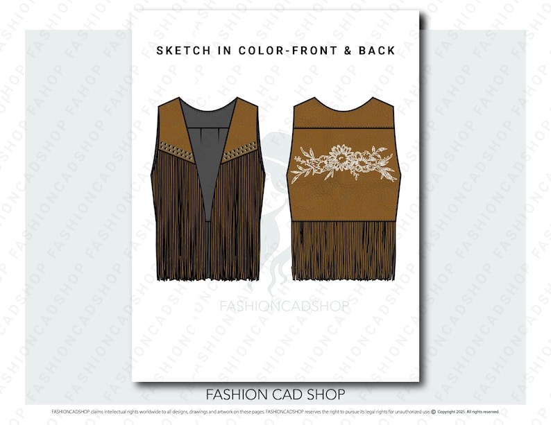 Women's Western Vest Fashion CAD Template: Fashion Flat Sketch, Adobe ...
