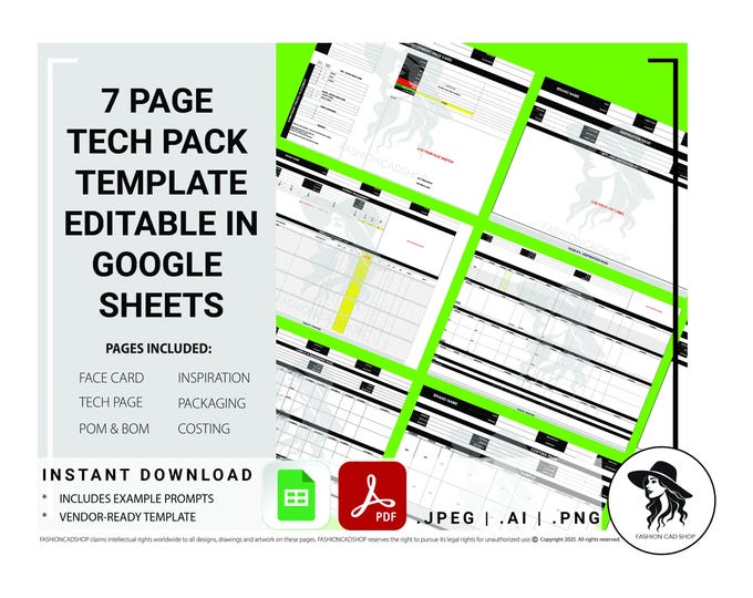 Clothing Tech Pack Template Google Sheet and Excel, PDF Printable DIY ...