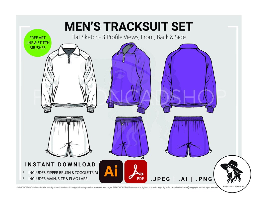 Tracksuit Set Fashion CAD Template: Fashion Flat Sketches (digital ...