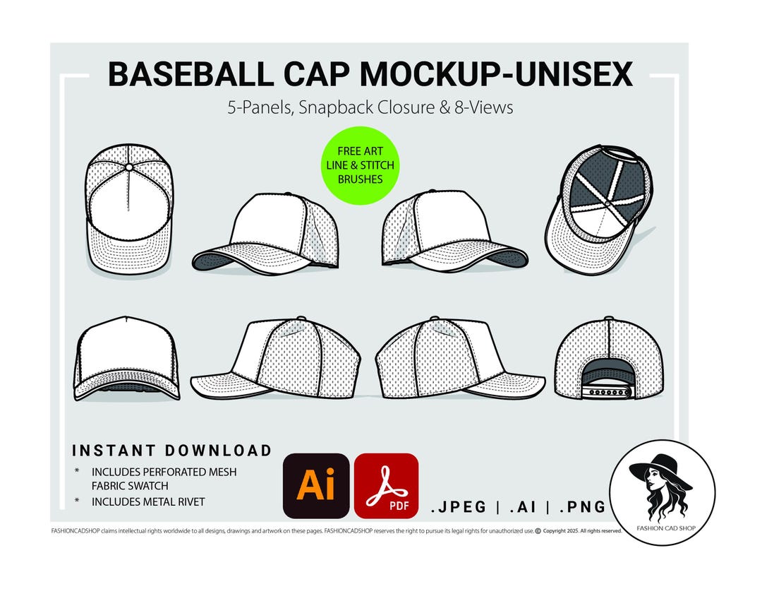 Baseball Cap Flat Technical Drawing, 5-panel Snapback Hat, Blank Hat ...