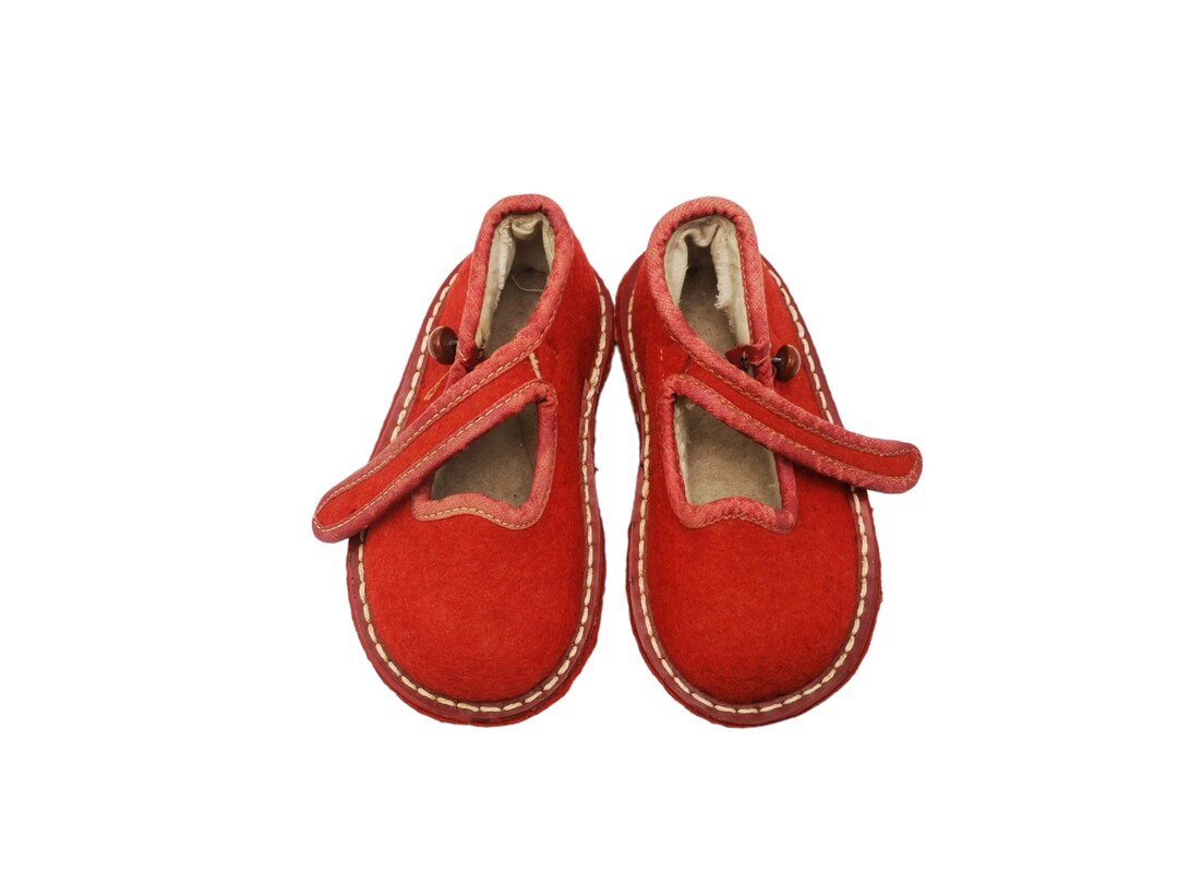 Vintage Red Felt Mary Jane Shoes for Little Girl, EU Size 20, Hand Made ...