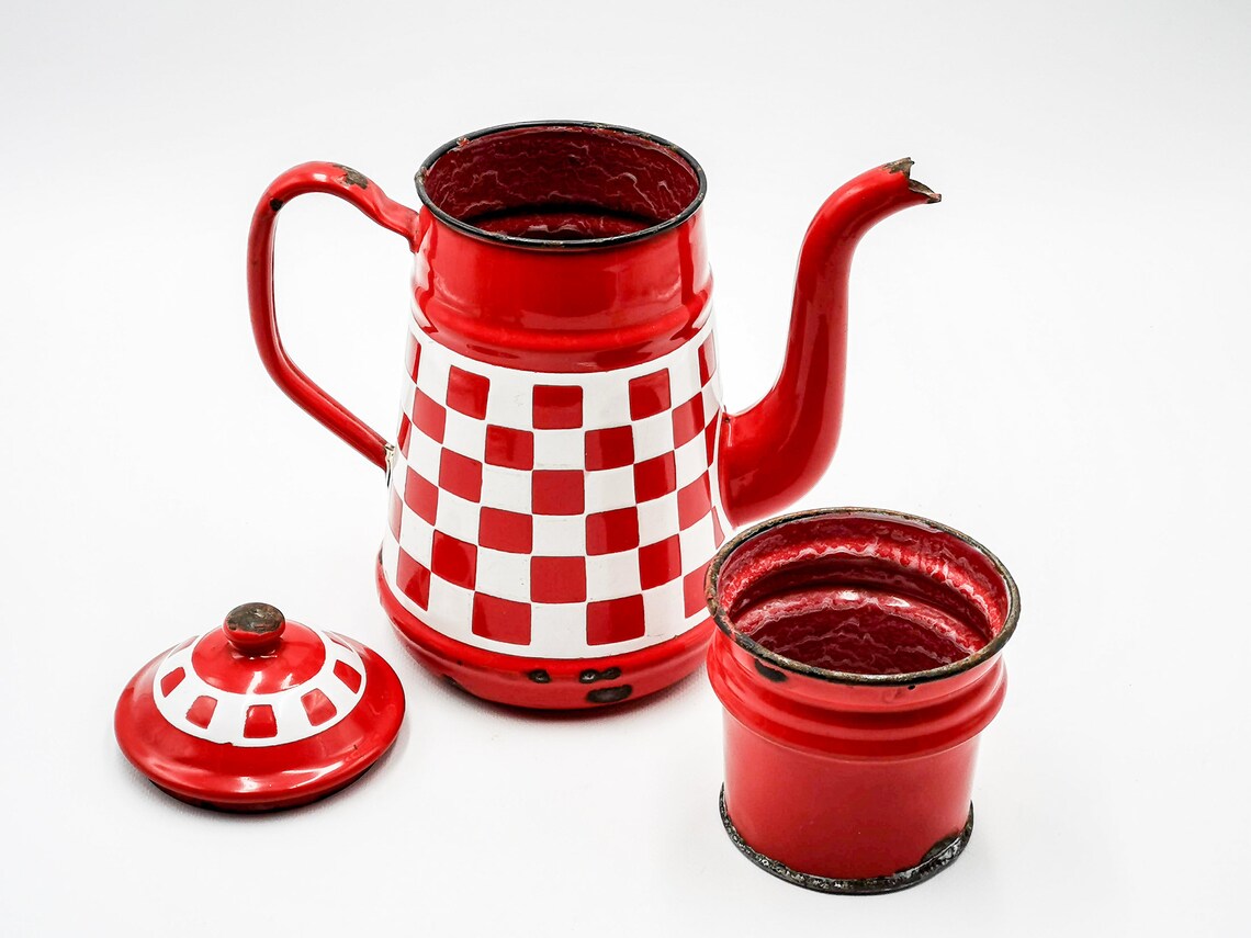 Enameled French Red COFFEE POT LUSTUCRU Checks Enameled - Etsy