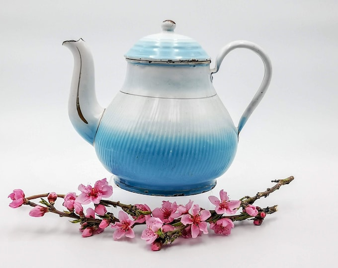 Antique Enamel Tea Pot, Shaded in Light Blue With Raised Stripes ...